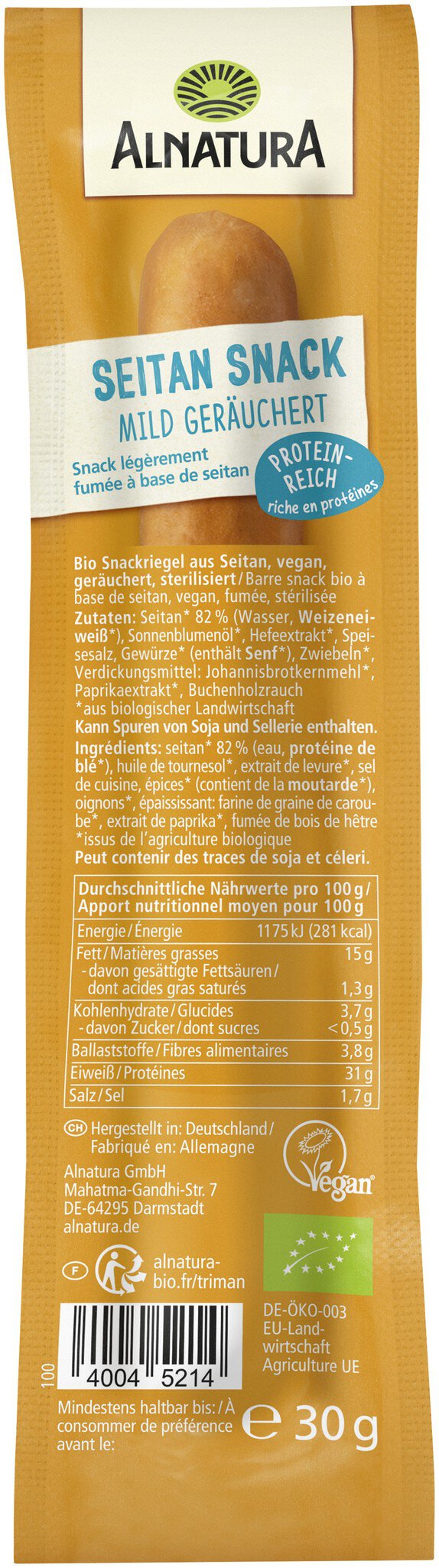 Seitan-Snack mild geräuchert (30 g) in Bio-Qualität von Alnatura